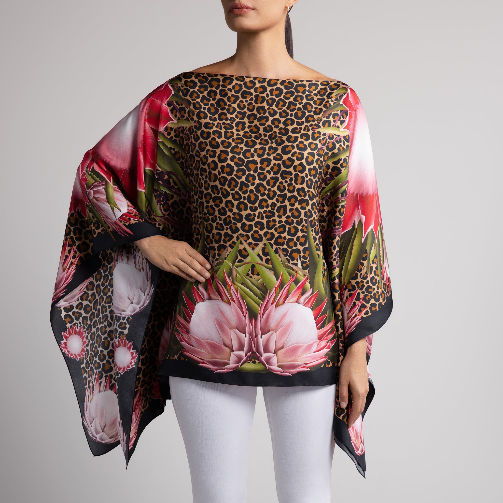 Protea Silk Poncho in Leopard Print