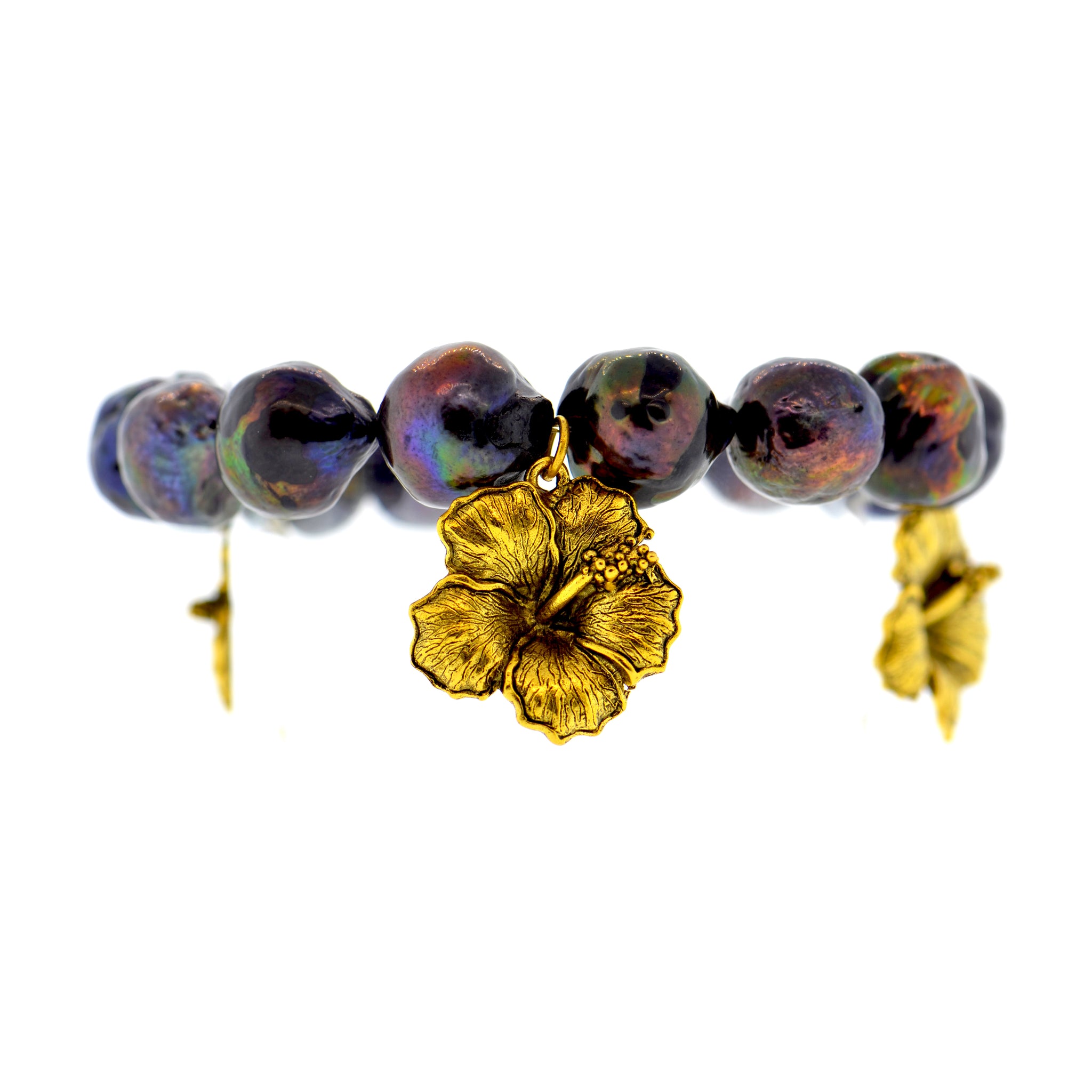 Peacock Baroque Pearl Hibiscus Botanical Bracelet