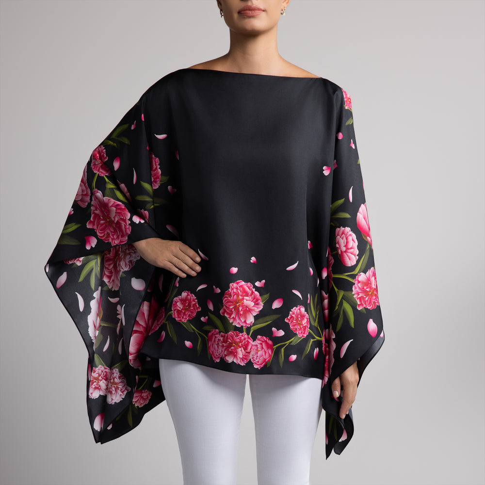 Peony Silk Poncho in Black