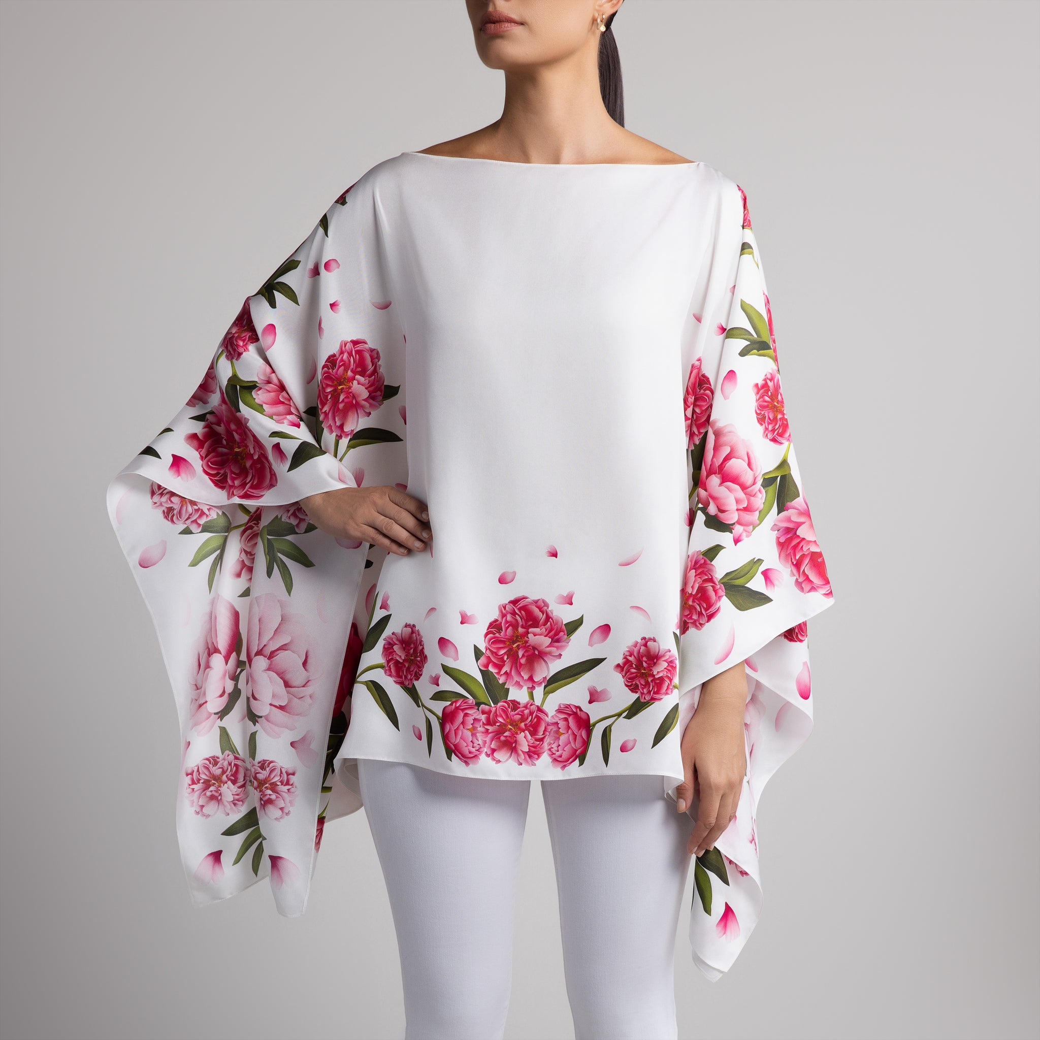 Peony Silk Poncho in White
