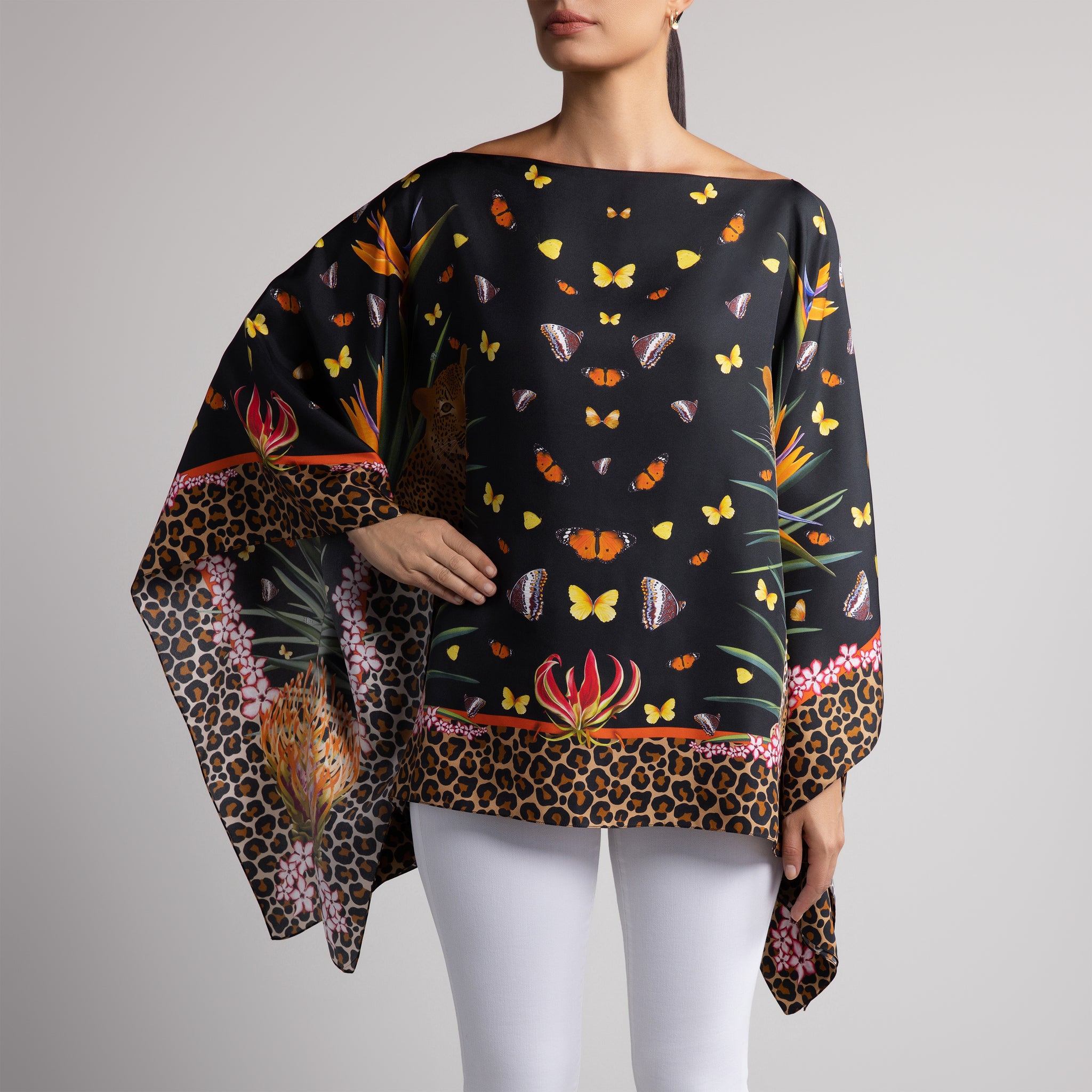 Leopard & Butterfly Silk Poncho in Black
