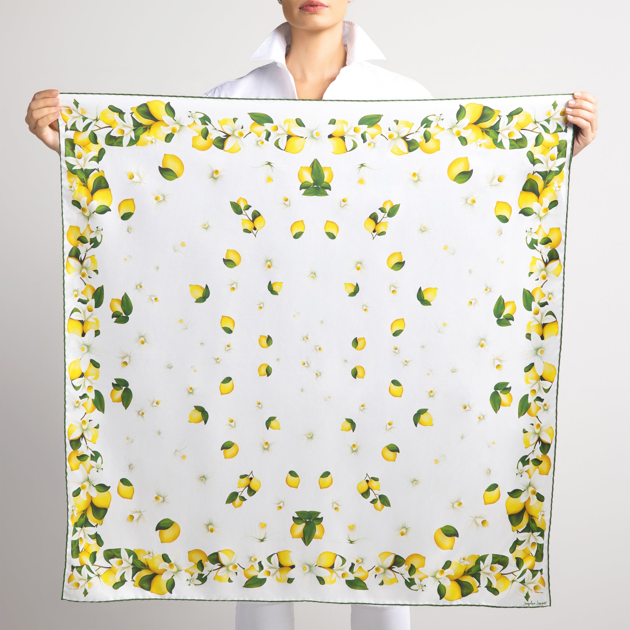 Capri Lemon Silk Scarf with Hand-Rolled Hem in White